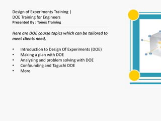 DOE, Design Of Experiments, DoE Training, Learn How To Use DoE, Taguchi ...