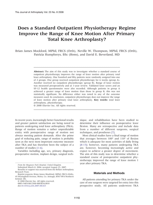 Does a standard outpatient physiotherapy regime improve the range of knee motion after primary ...