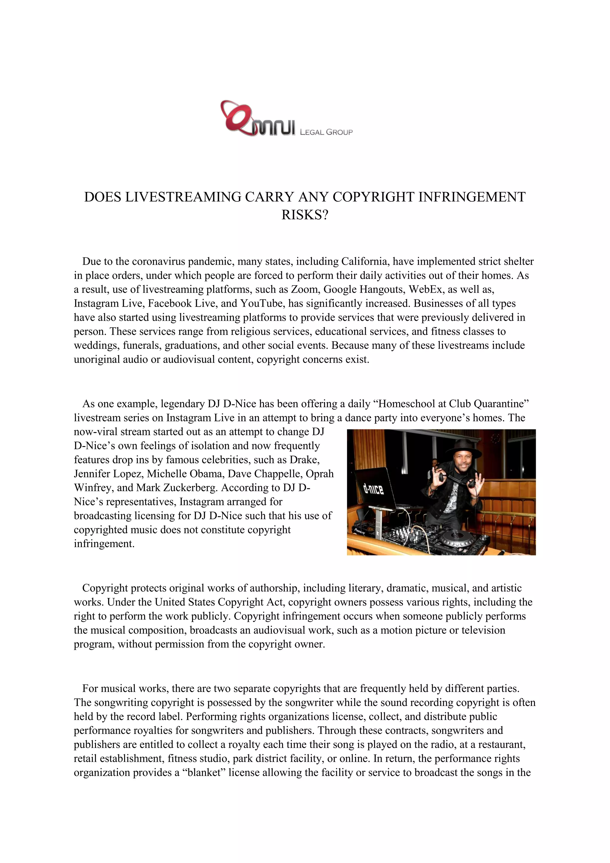 Does livestreaming carry any copyright infringement risks | PDF