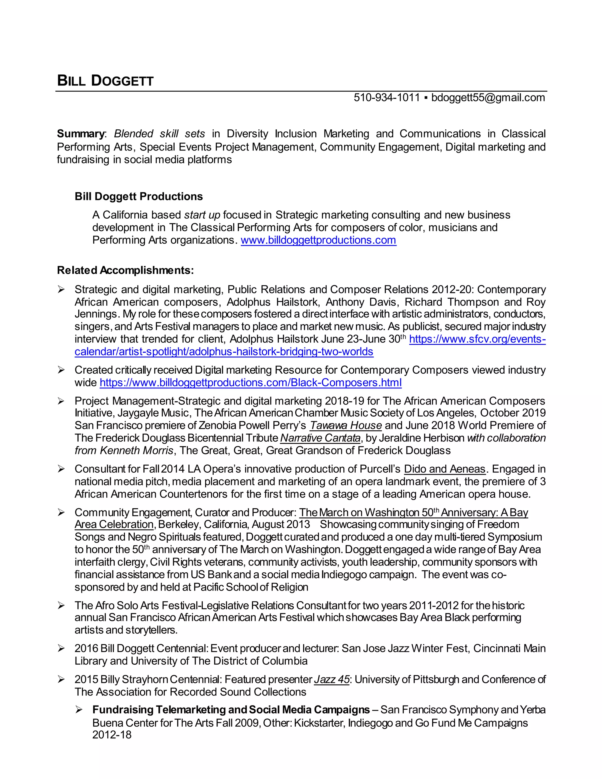 Bill Doggett 2020 Resume-Diversity Inclusion Performing Arts | DOC