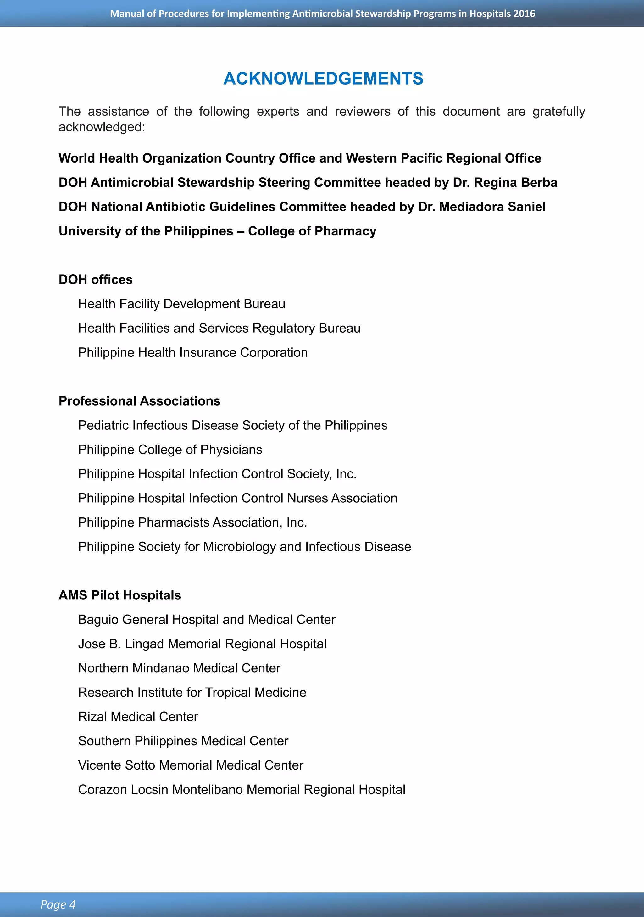 DOH Antimicrobial Stewardship Program in Hospitals Manual of Procedures (MOP) 2016 | PDF