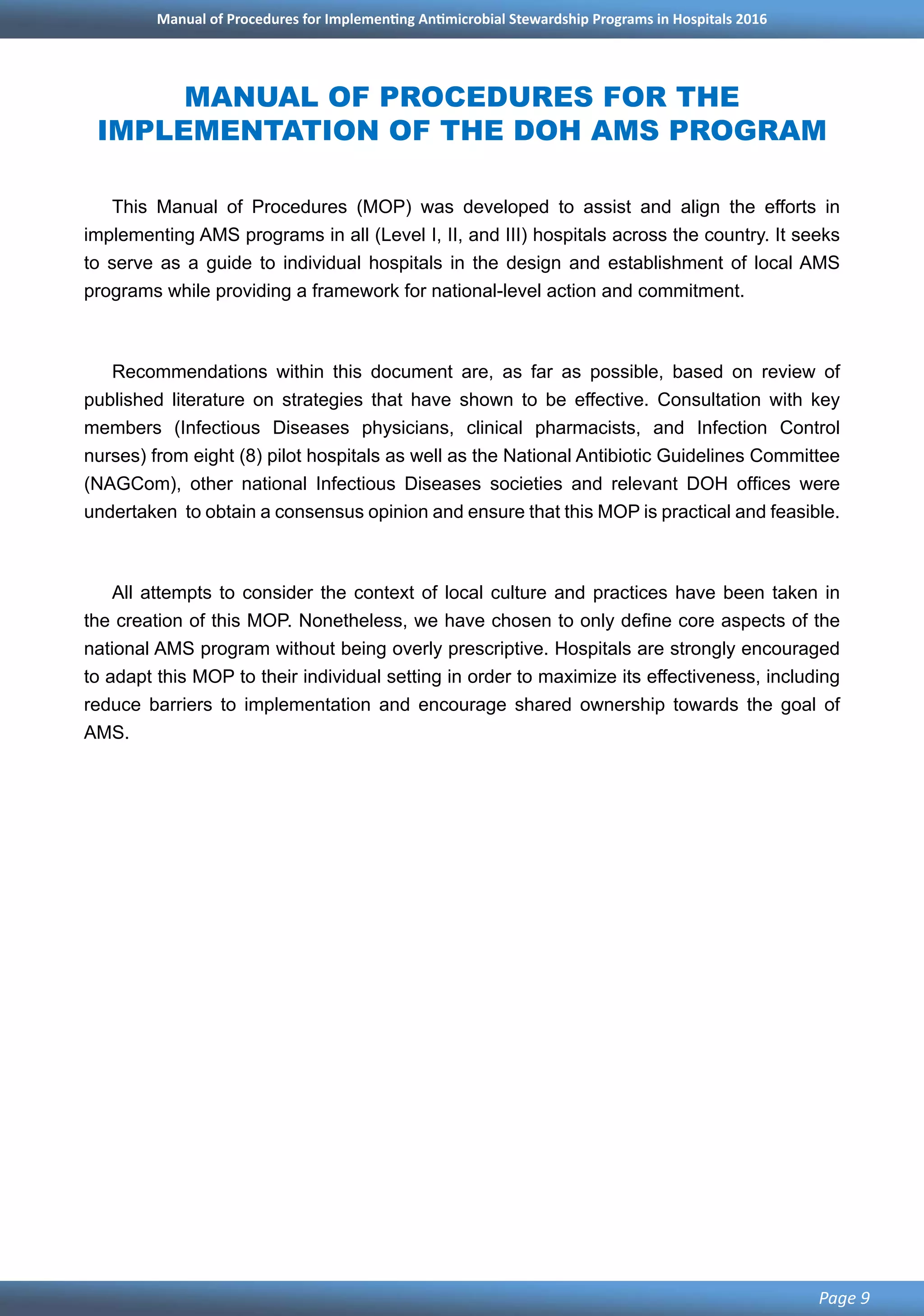 DOH Antimicrobial Stewardship Program in Hospitals Manual of Procedures (MOP) 2016 | PDF