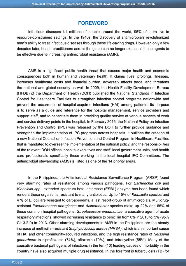 DOH Antimicrobial Stewardship Program in Hospitals Manual of Procedures (MOP) 2016 | PDF ...