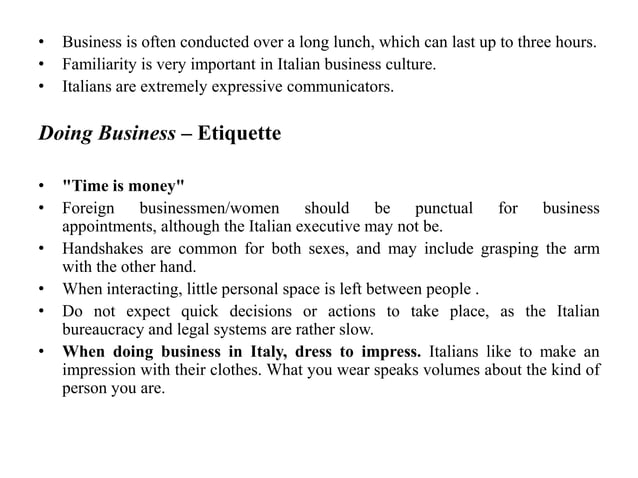 Doing business in italy | PPTX | Europe Travel | Travel Locations