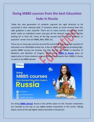 Doing MBBS courses from the best Education hubs in Russia | PDF