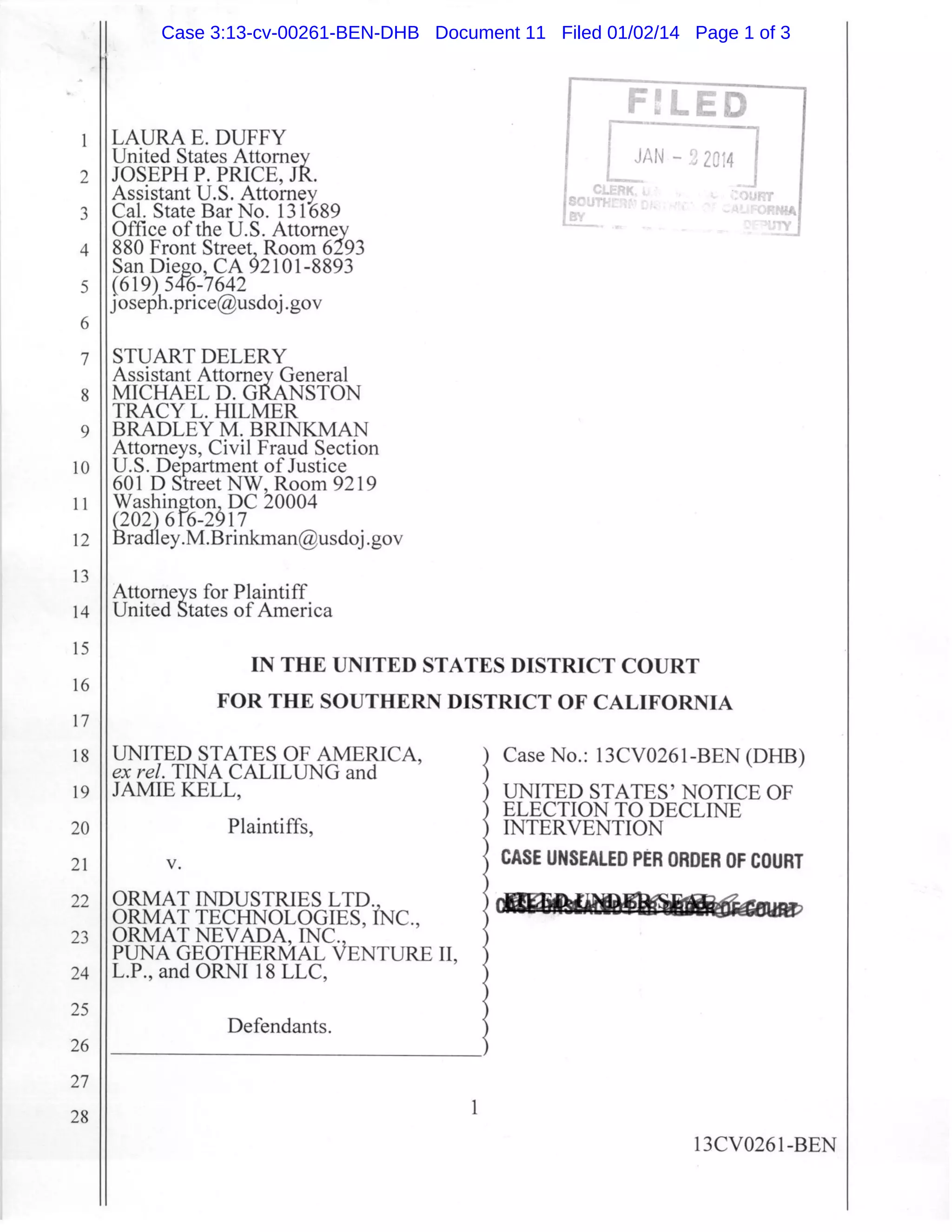 TINA CALILUNG & JAMIE KELL vs. Ormat, DOJ declines to intervene | PDF