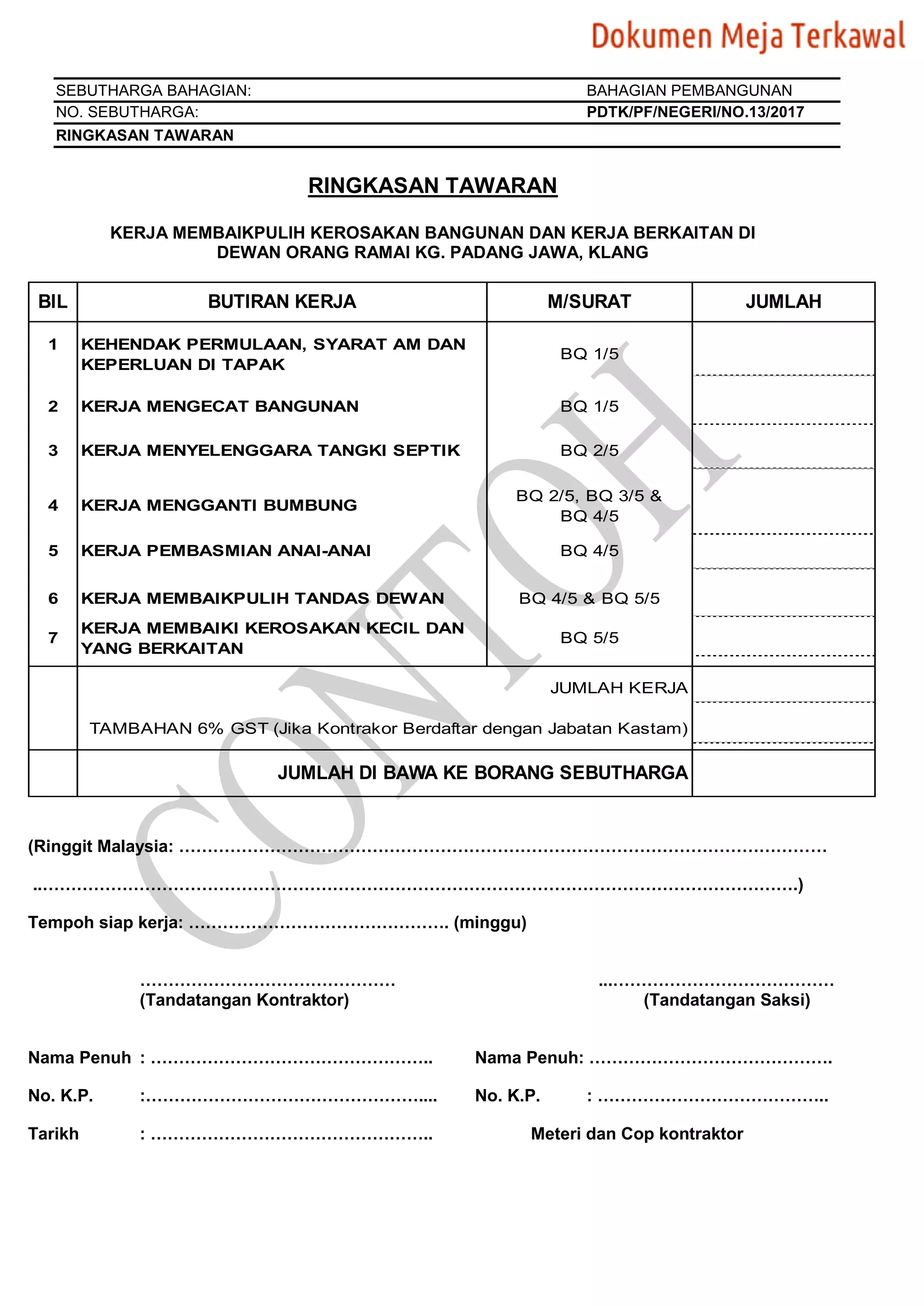 Dokumen 132017 contoh bq | PDF