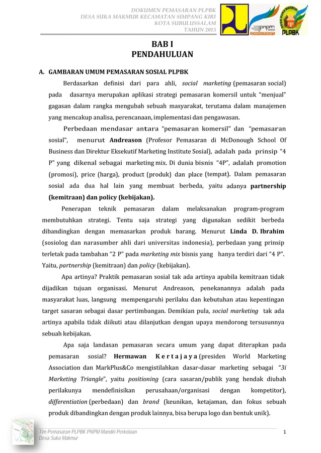 Dokumen Pemasaran PLPBK Desa Suka Makmur | PDF