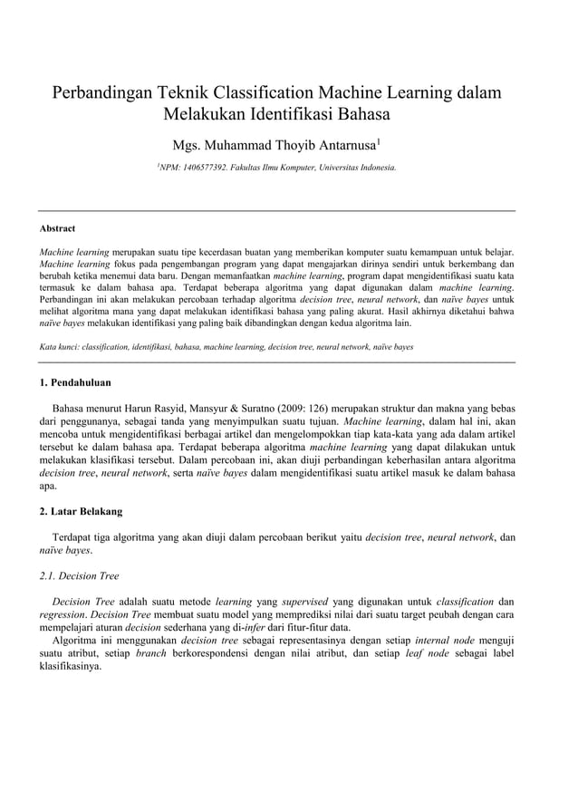 Perbandingan Teknik Classification Machine Learning dalam Melakukan Identifikasi Bahasa | PDF
