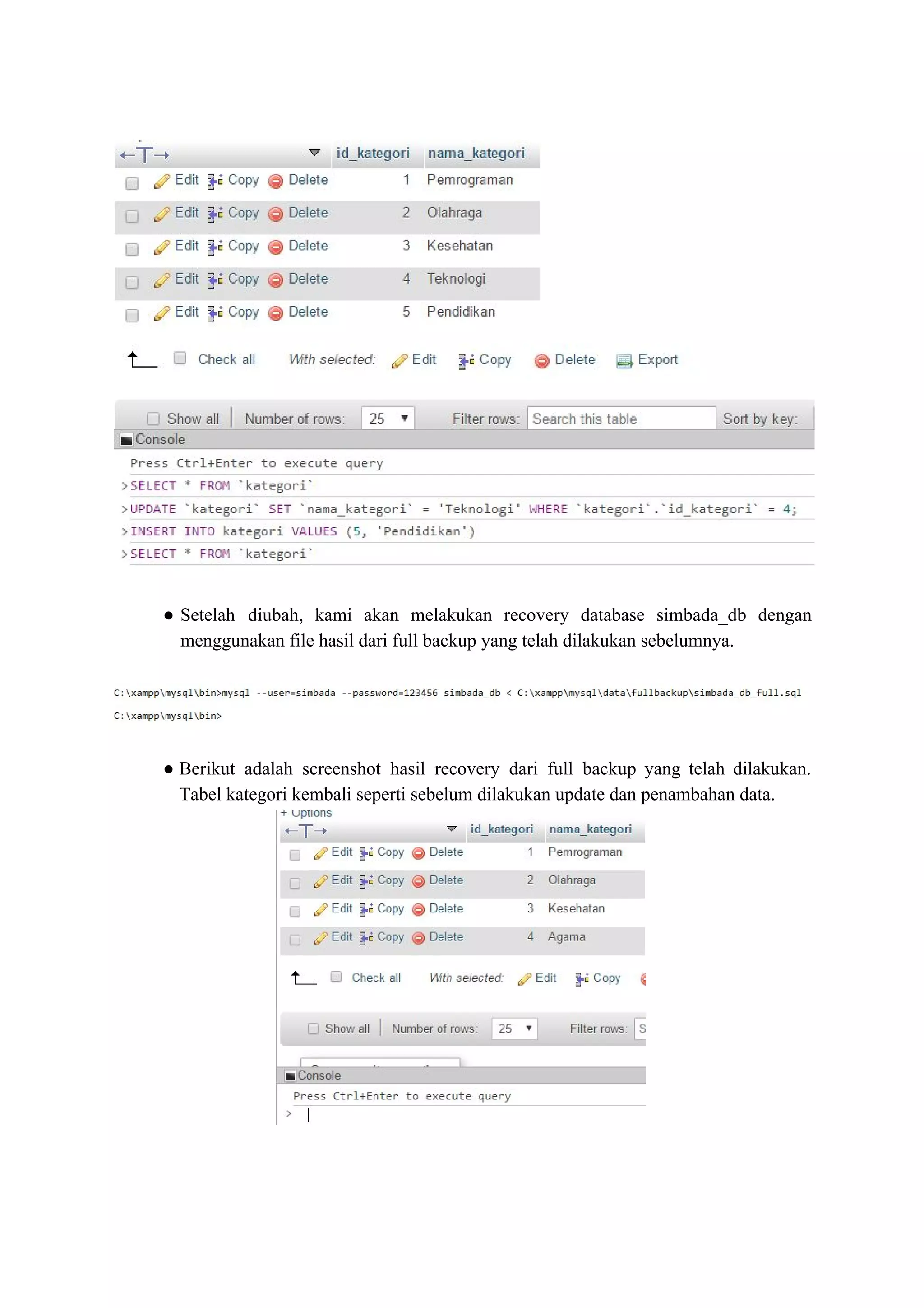 Dokumentasi komparasi incremental backup oracle dengan mysql | PDF