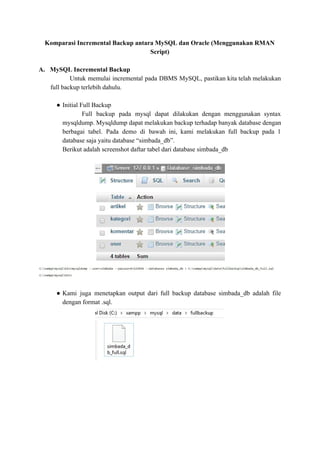 Dokumentasi komparasi incremental backup oracle dengan mysql | PDF