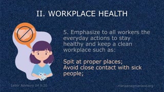 Labor Advisory 04 S.20 Guidelines on Safe Workplace | PPTX