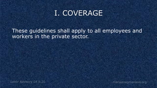 Labor Advisory 04 S.20 Guidelines on Safe Workplace | PPTX