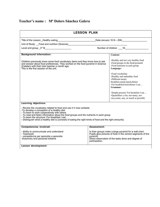 Healthy Unit lesson plan, 3rd level | PDF
