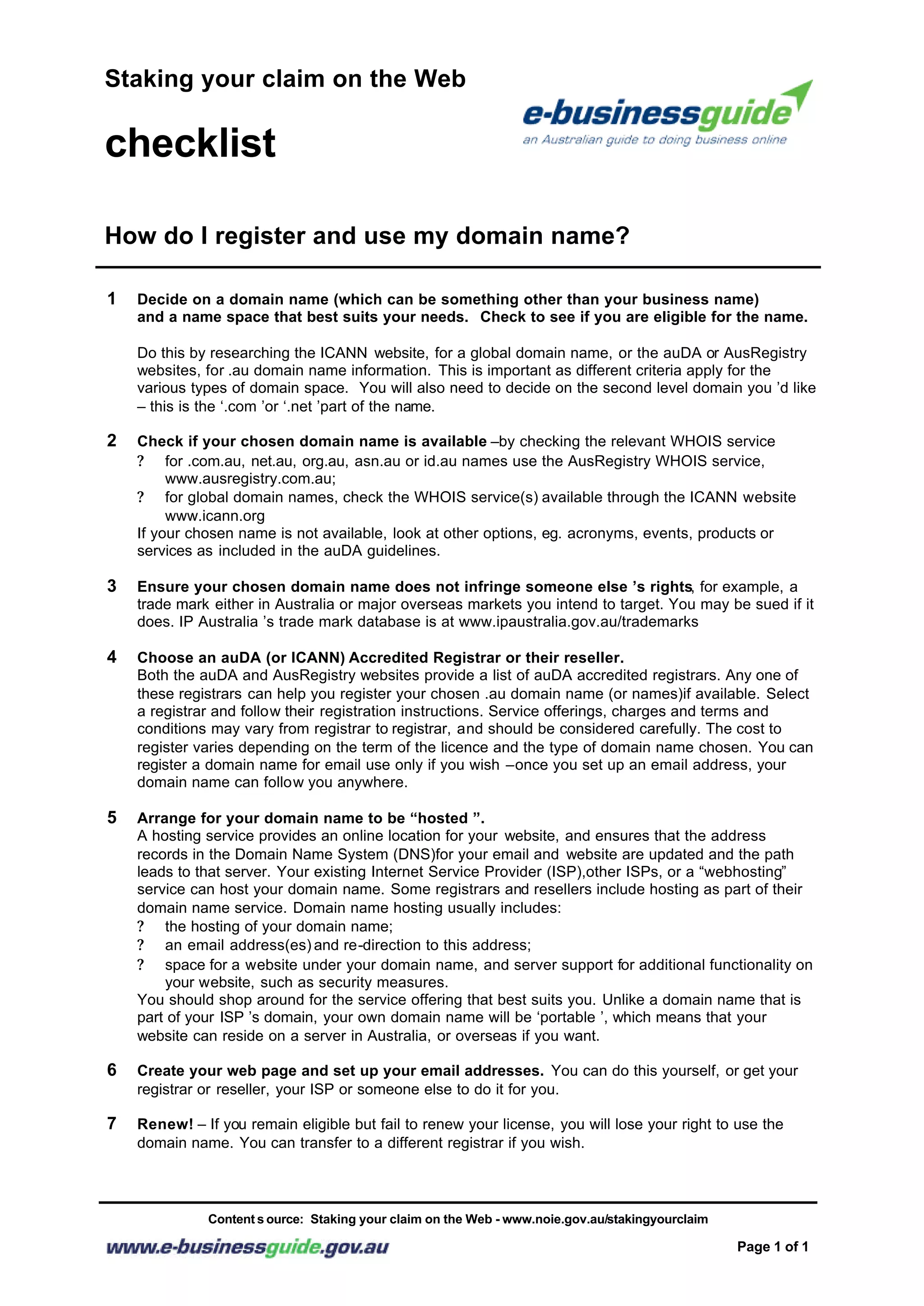 Domain name registration checklist | PDF