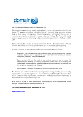 Domainex Experienced Medicinal Chemist Vacancies | PDF