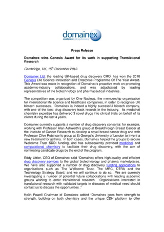 Domainex Genesis Award | PDF | Biotech and Biomedical Industry | Industries
