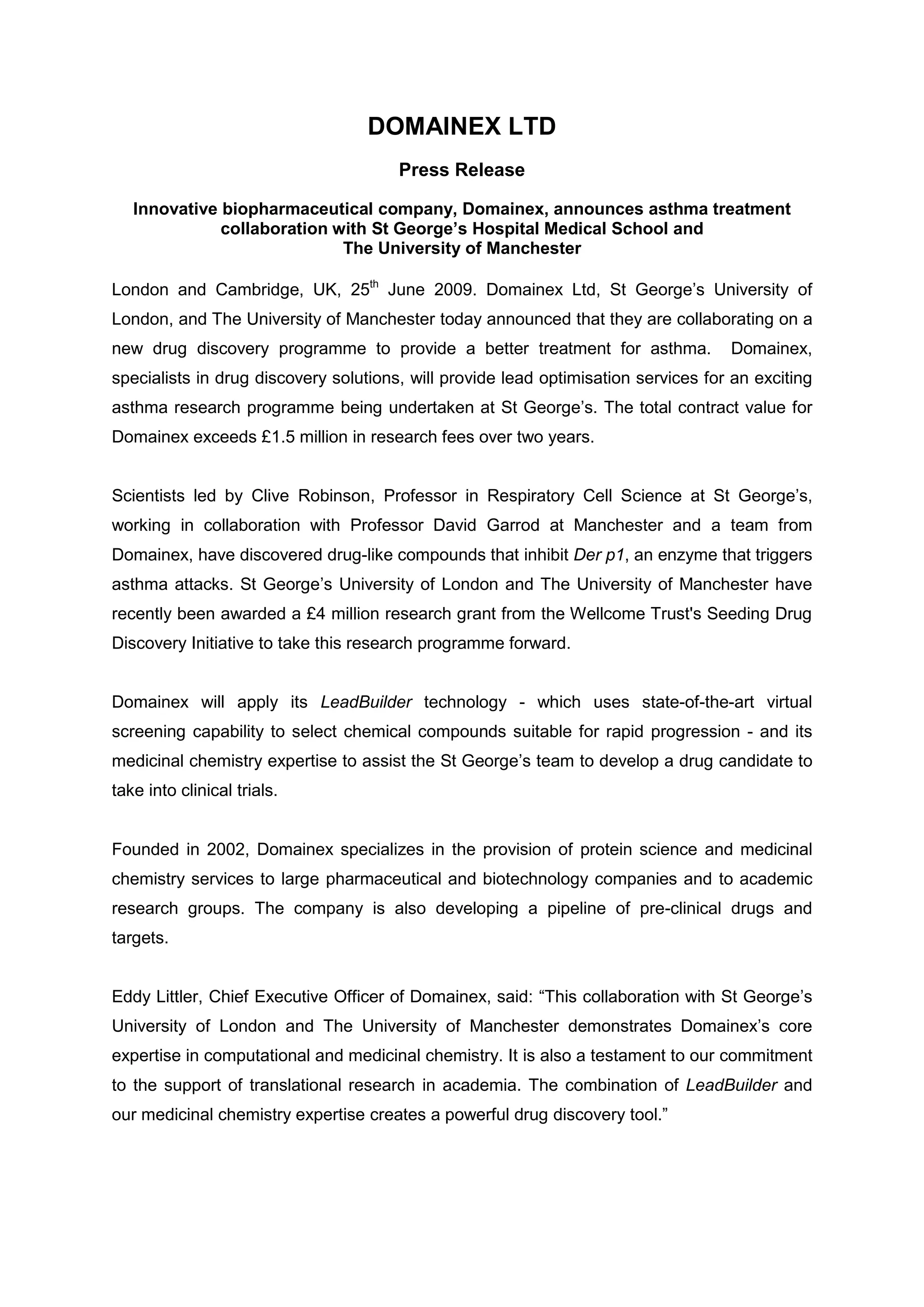 Domainex Press Release WelcomeTrust SDDI Grant | PDF