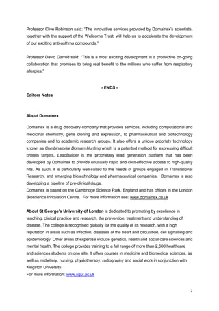 Domainex Press Release WelcomeTrust SDDI Grant | PDF