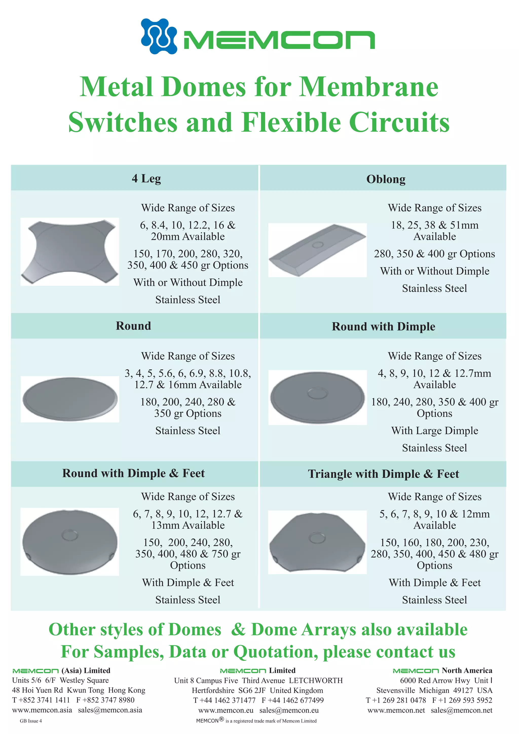 Memcon Tactile Metal Domes Range | PDF