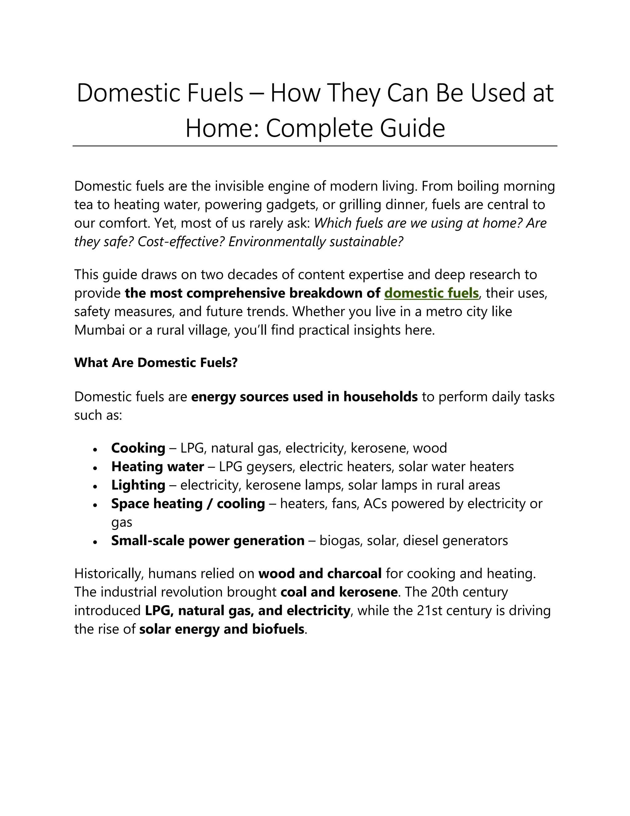 Domestic Fuels – How They Can Be Used at Home: Complete Guide | PDF