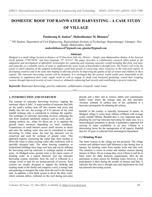 Domestic roof top rainwater harvesting a case study of village | PDF | Agriculture | Industries