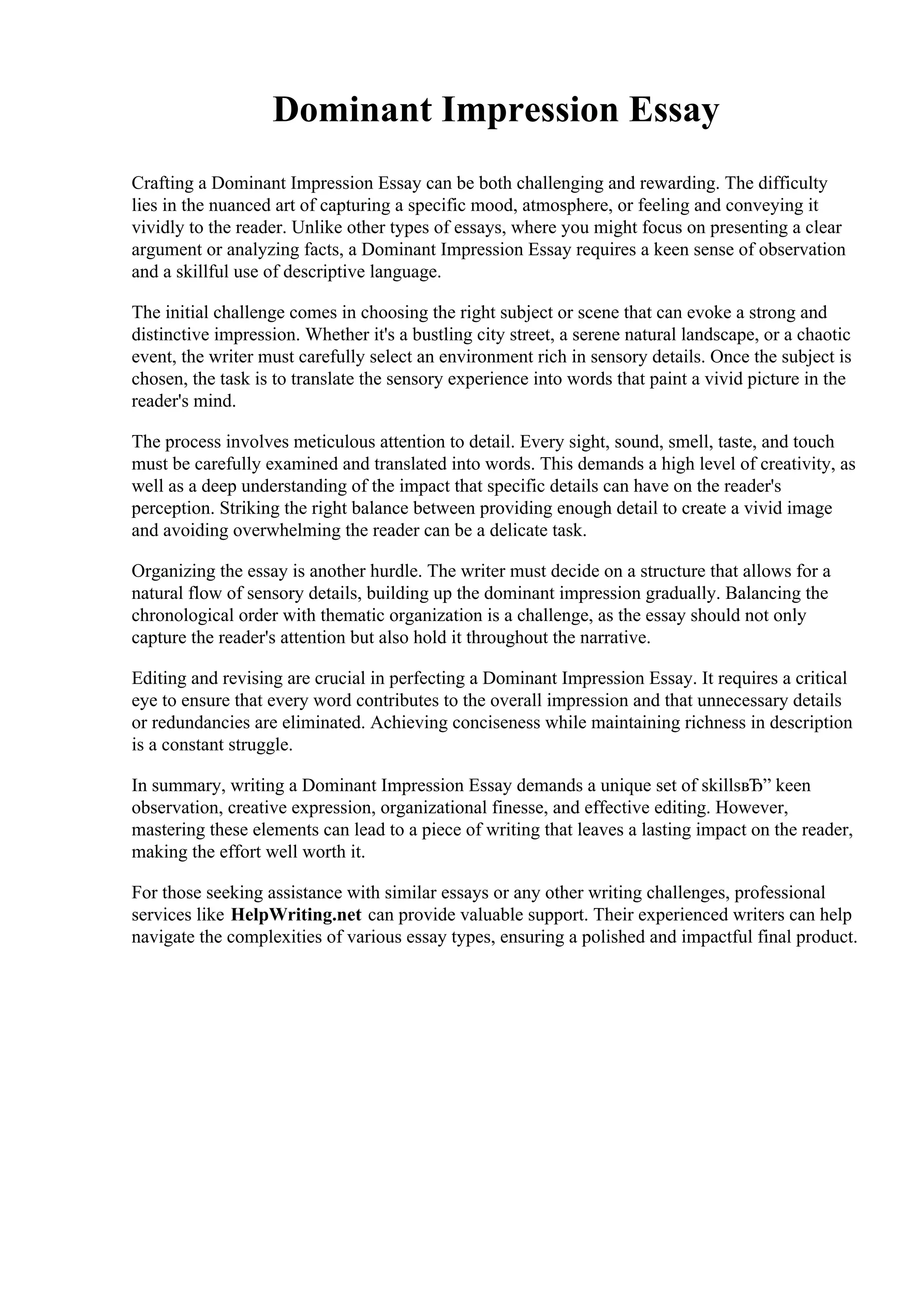Dominant Impression Essay. McDaniel College | PDF