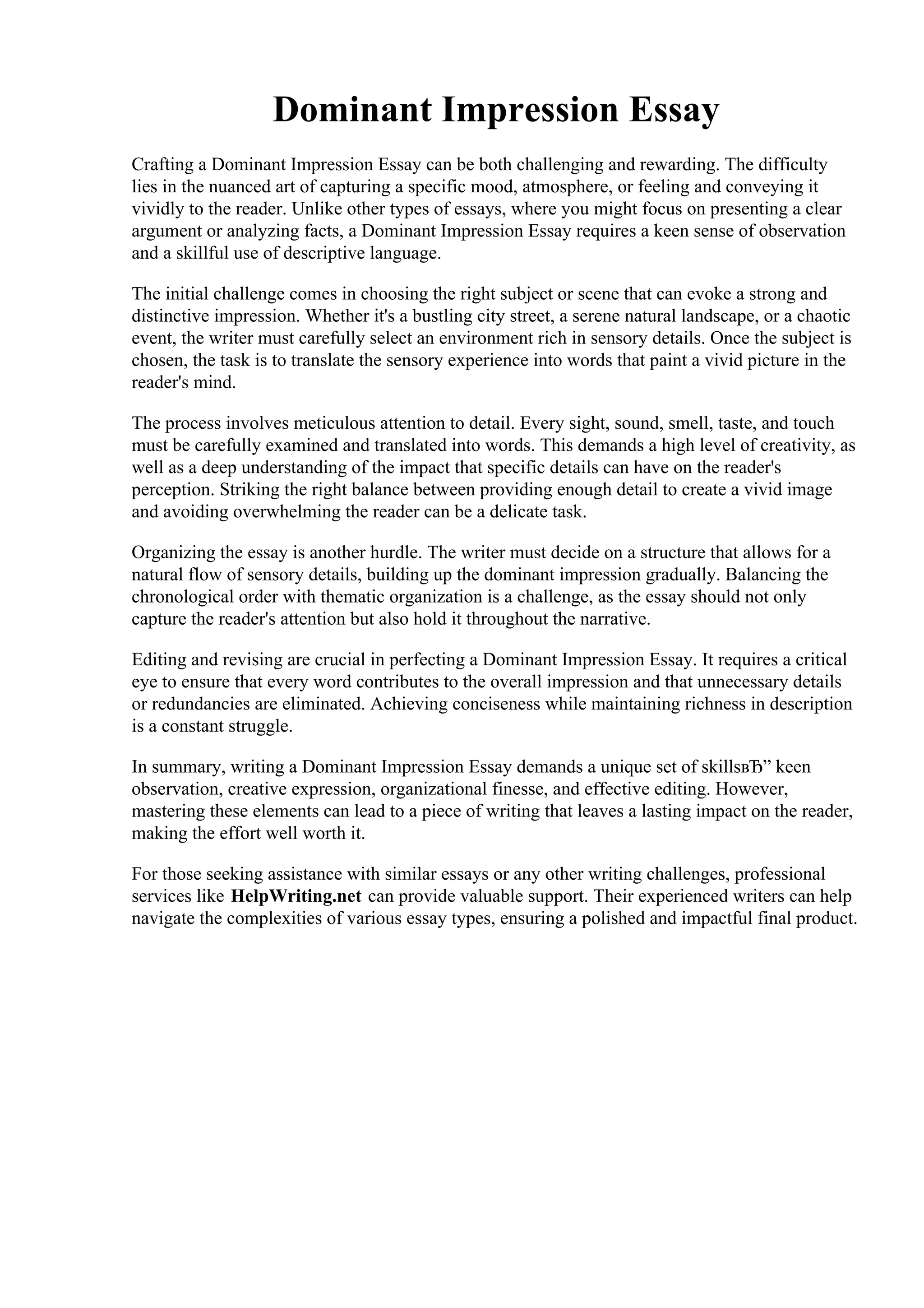 Dominant Impression Essay. Dominant Impression In Descriptive Writing ...