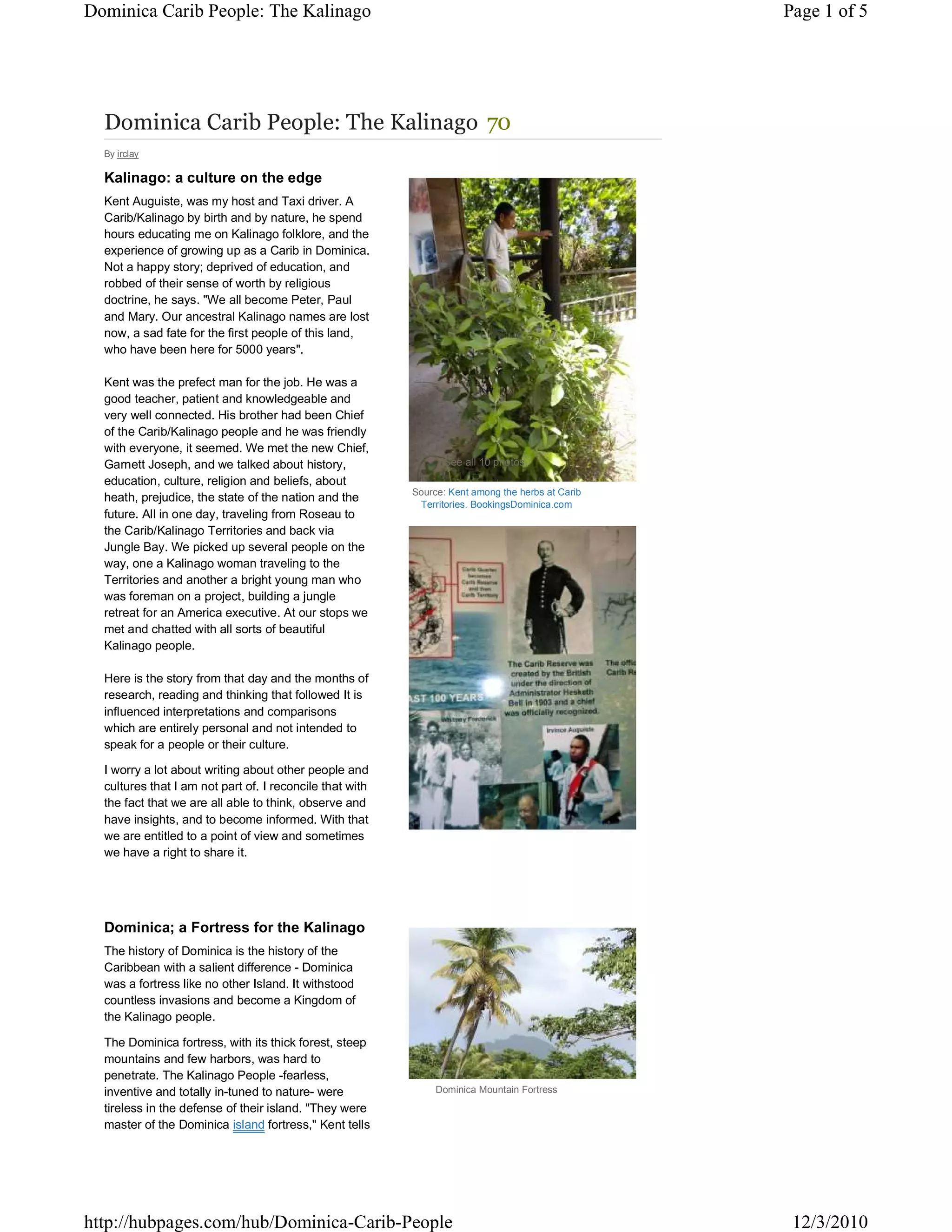 Cultural Tourism: Dominica Carib People: The Kalinago | PDF