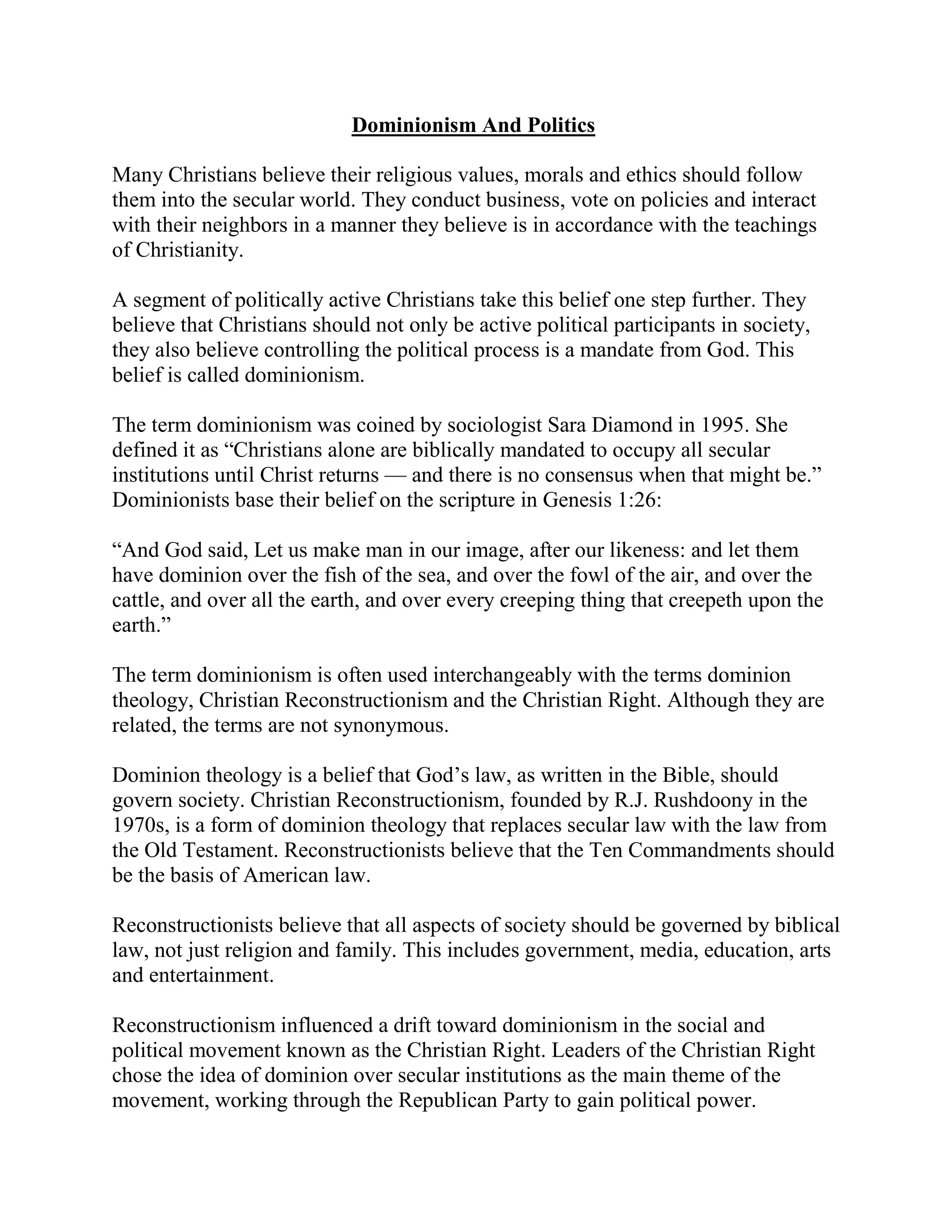 Dominionism and politics | PDF