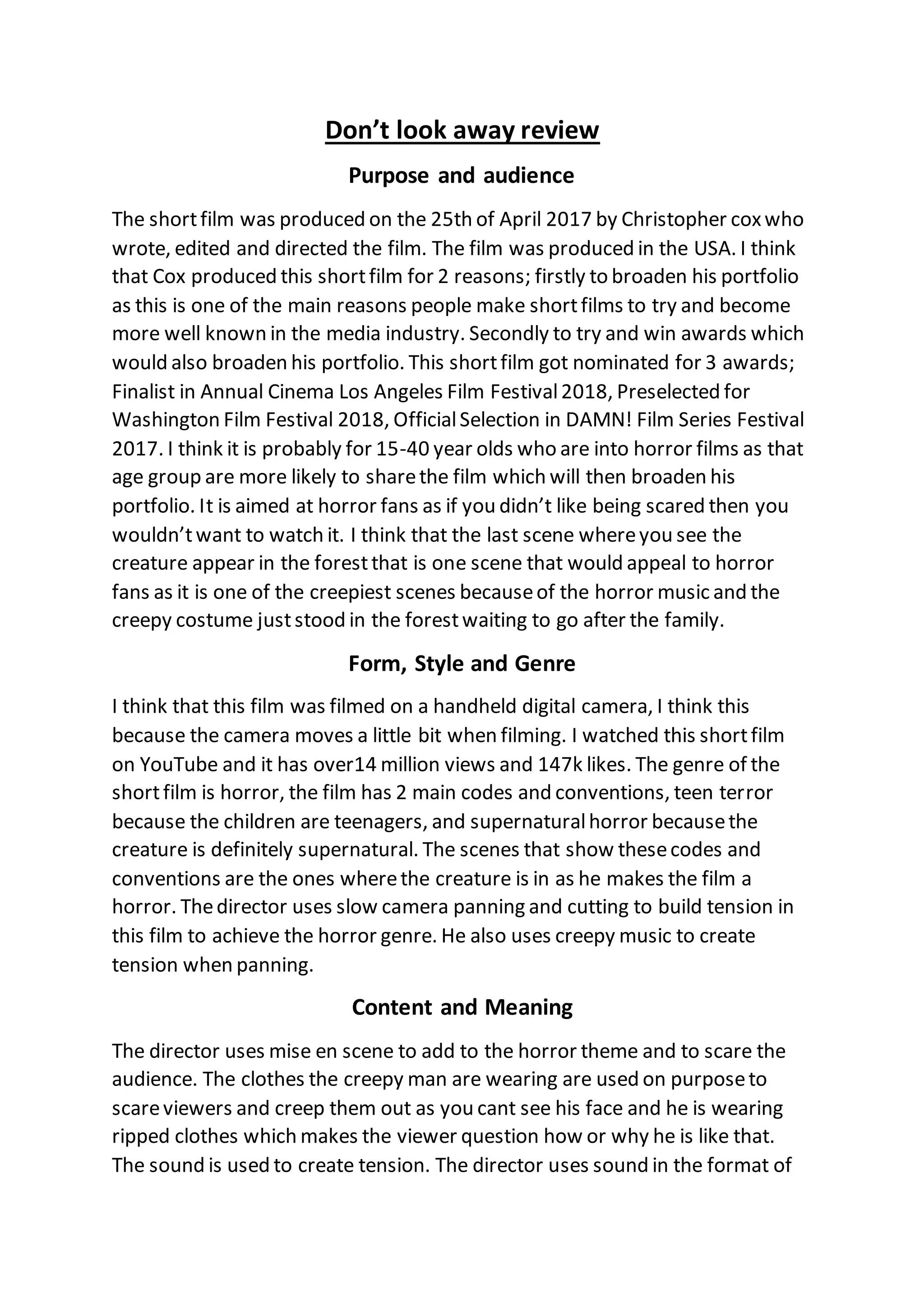 Don't look away review | DOCX | Video Production | Content Production