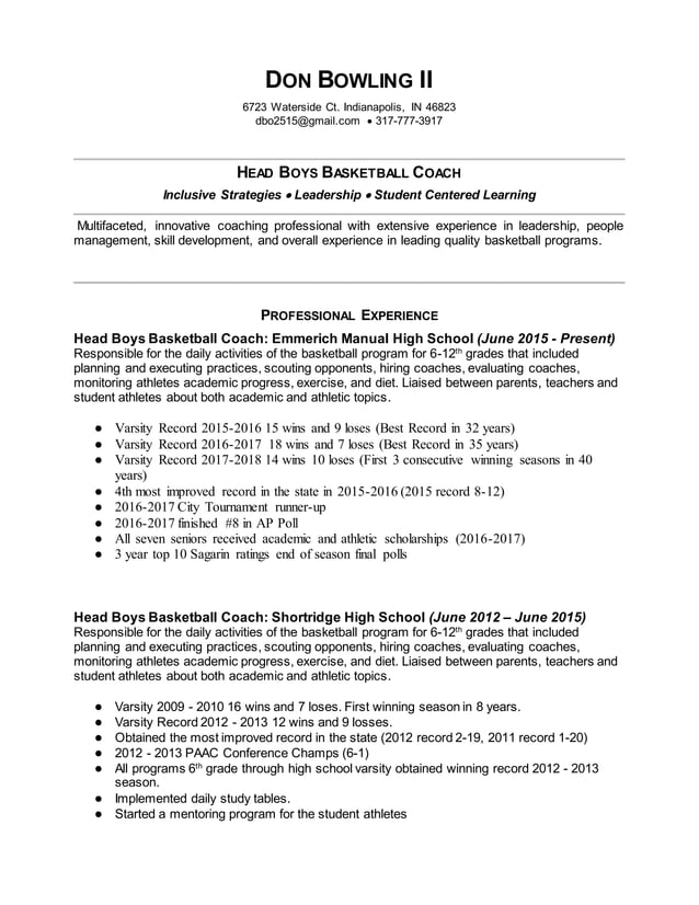 Don Bowling Coaching Portfolio | DOCX | College Basketball | College Sports
