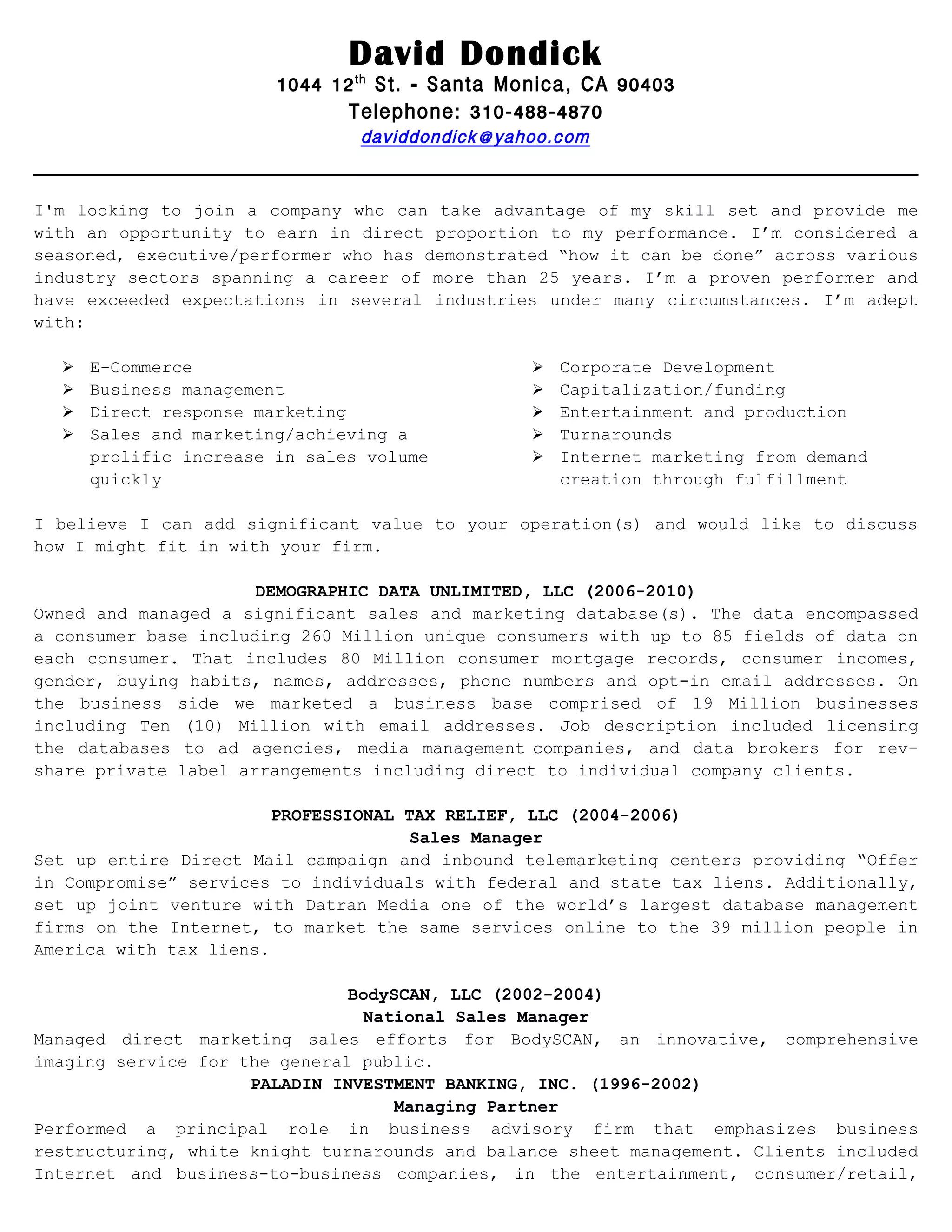 Dondick Resume 2 15 10 | DOC
