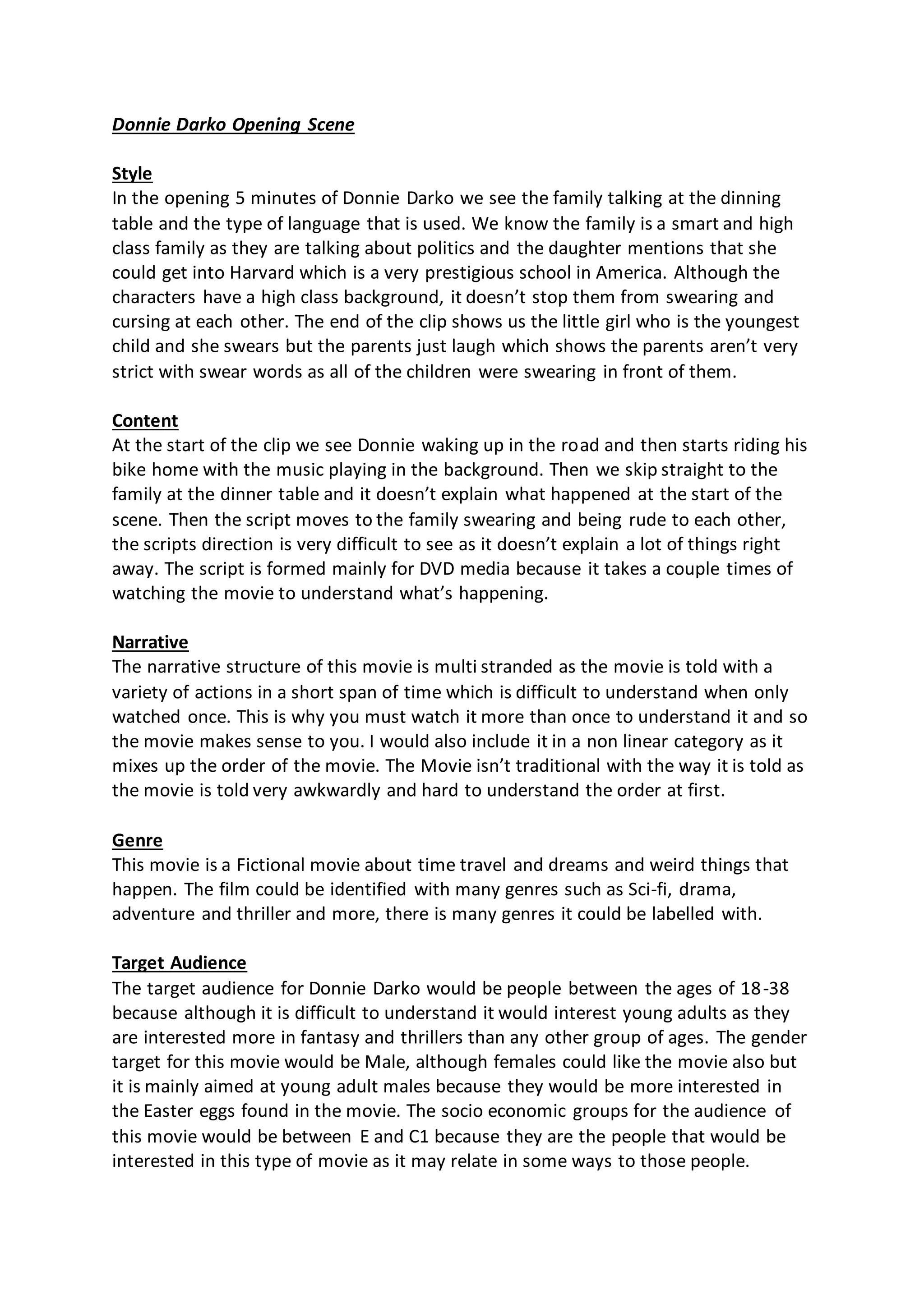 Donnie darko opening scene | DOCX