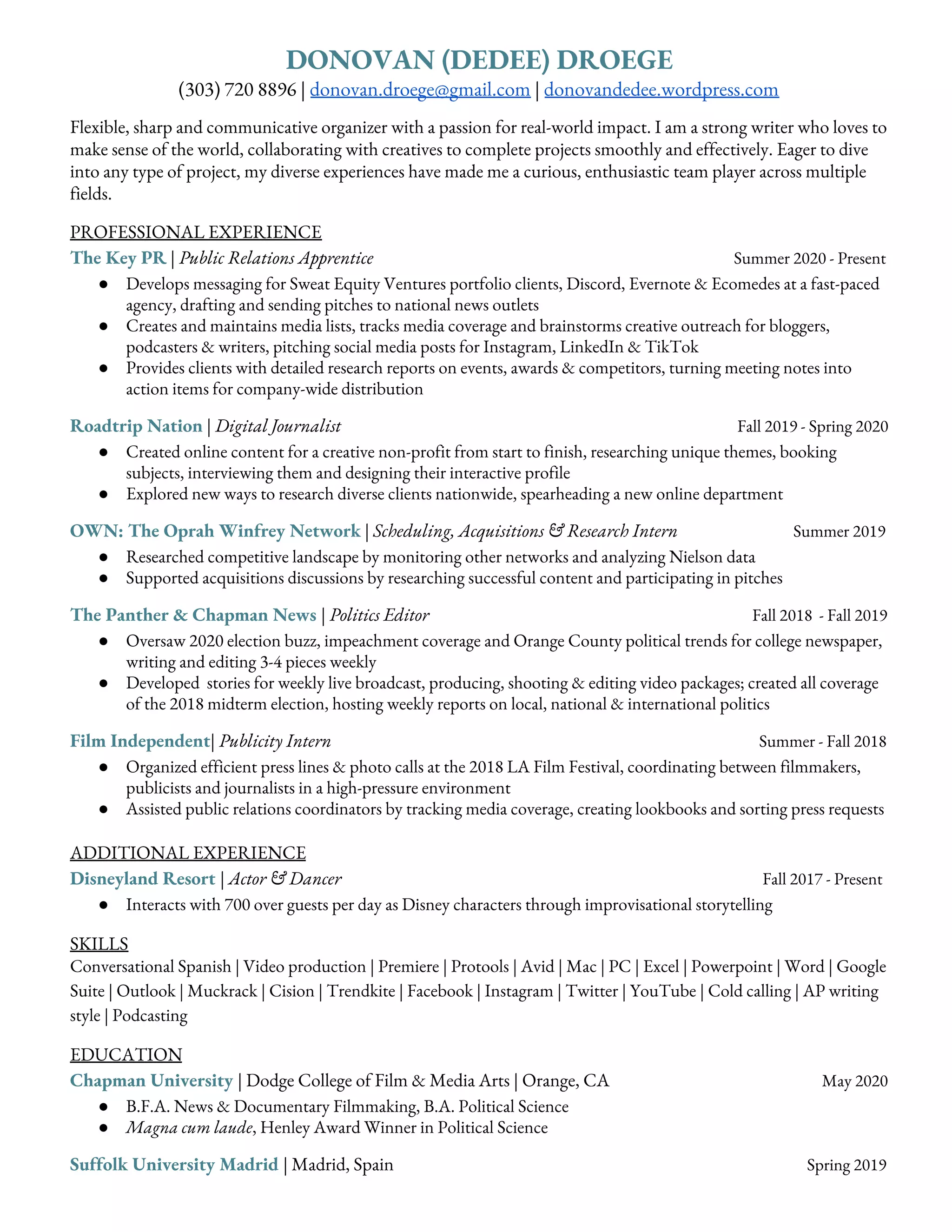 Donovan Dedee Droege resume summer 2020 | PDF