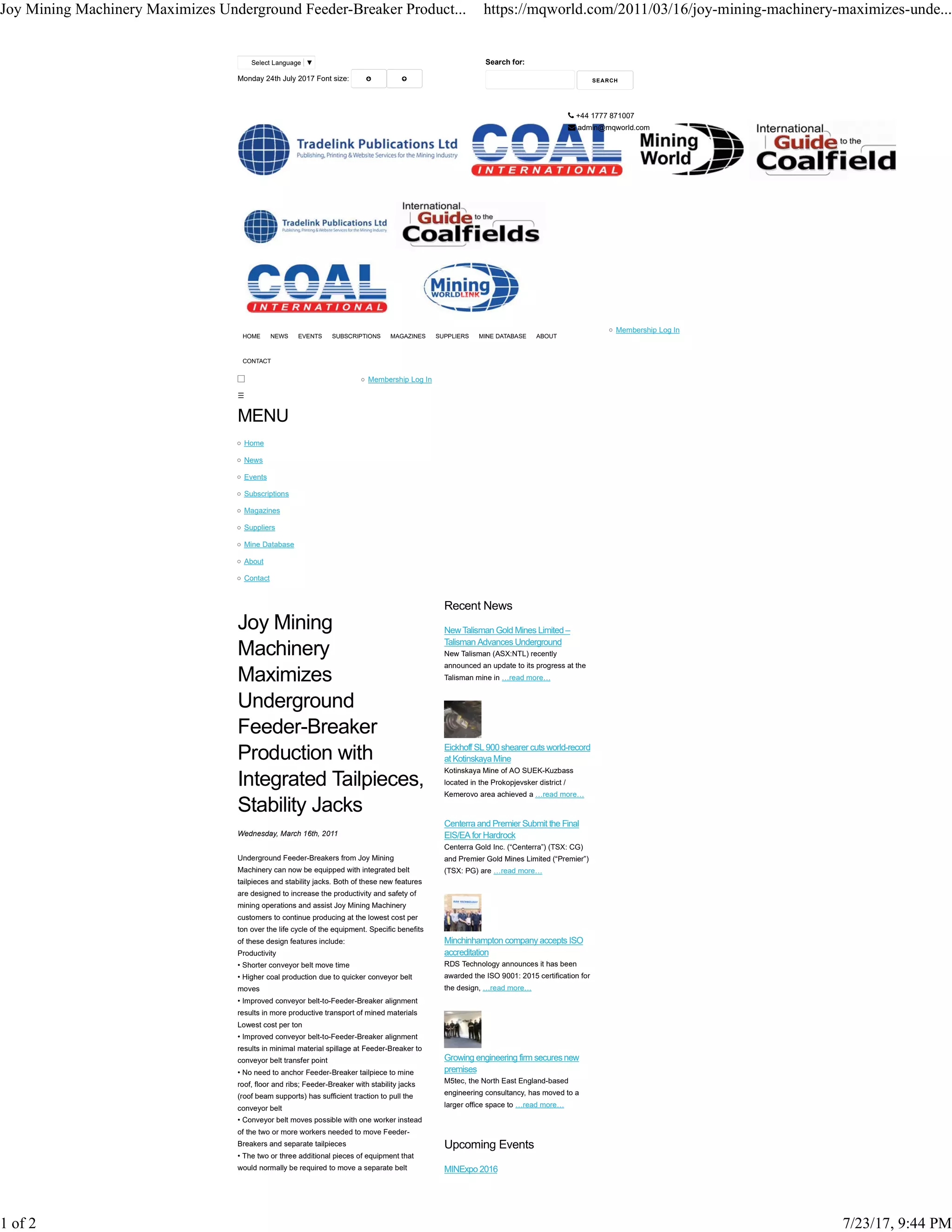 Joy Mining Machinery Maximizes Underground Feeder-Breaker Production ...