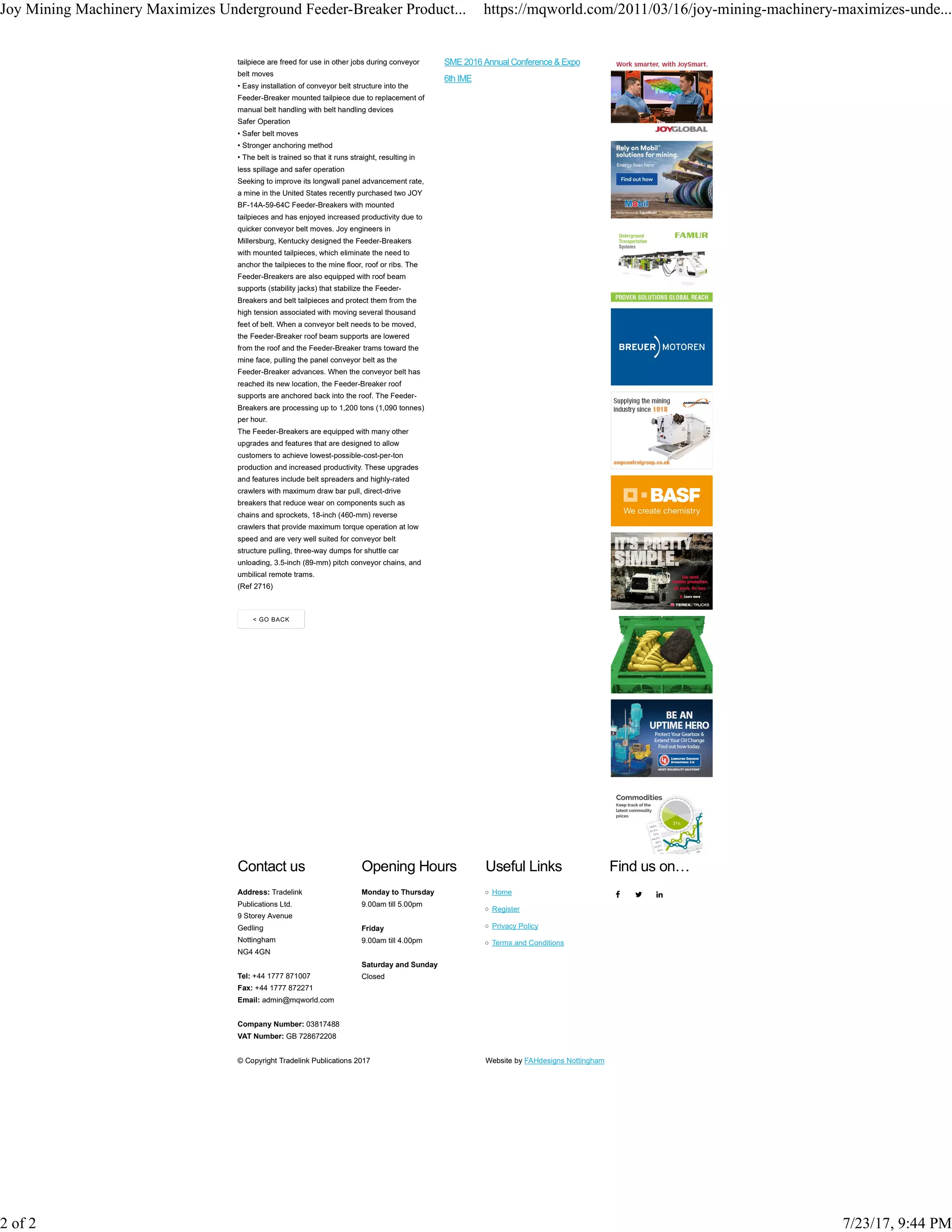 Joy Mining Machinery Maximizes Underground Feeder-Breaker Production ...