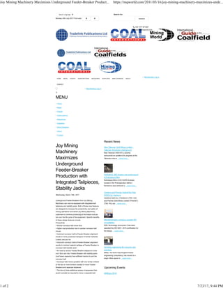 Joy Mining Machinery Maximizes Underground Feeder-Breaker Production ...