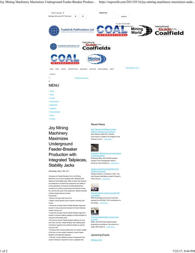 Joy Mining Machinery Maximizes Underground Feeder-Breaker Production ...