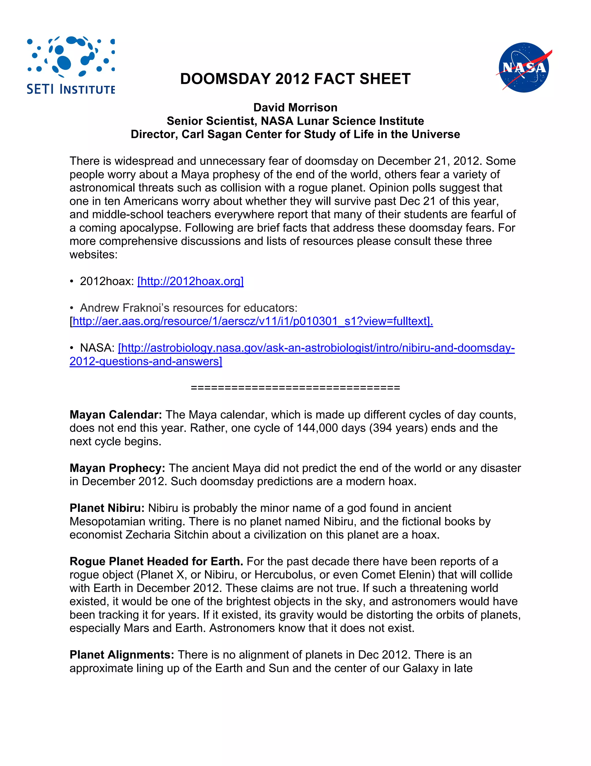 Doomsday 2012-fact-sheet | PDF