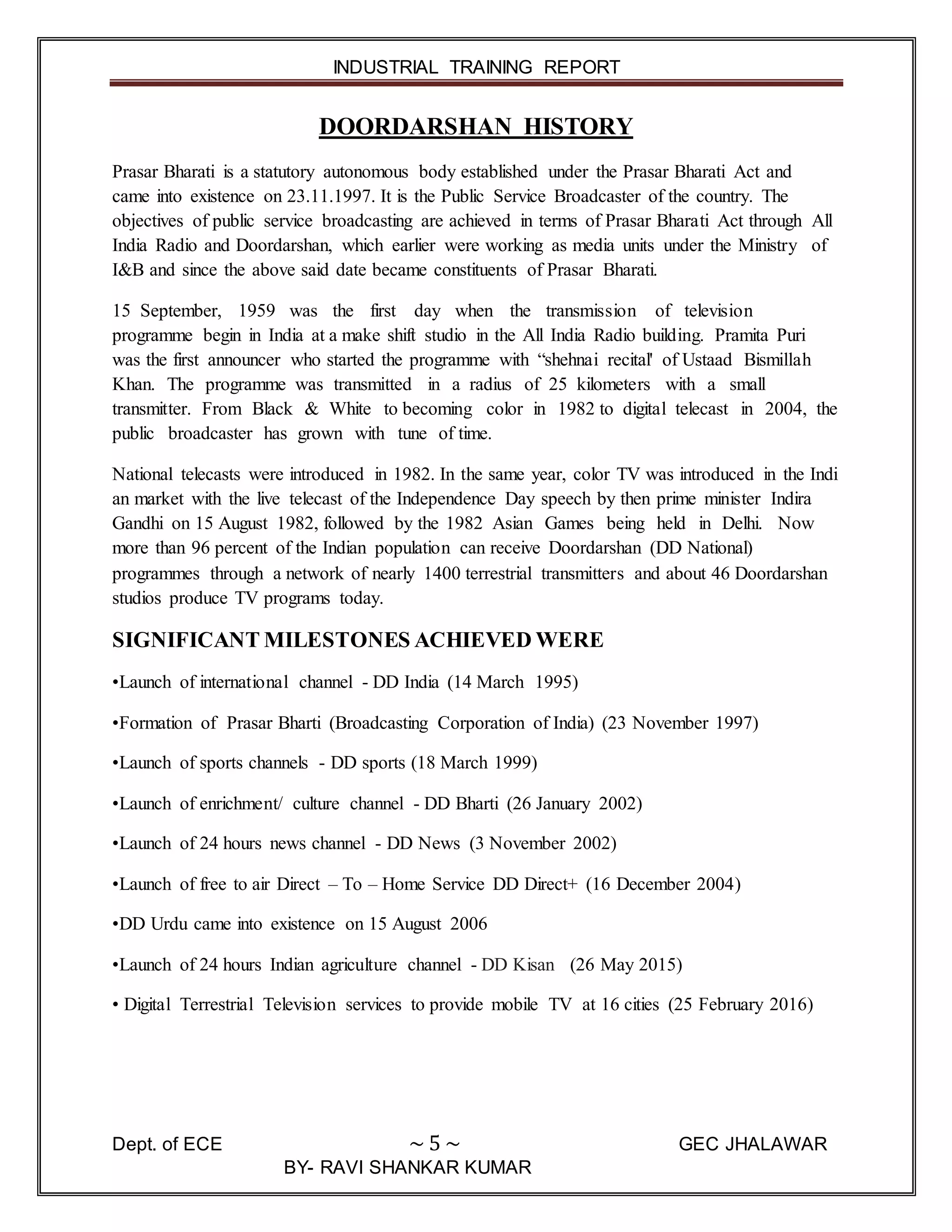Doordarshan kendra patna training report | DOCX