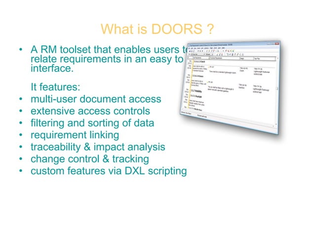 Dynamic Object-Oriented Requirements System (DOORS) | PPT | Databases | Computer Software and ...