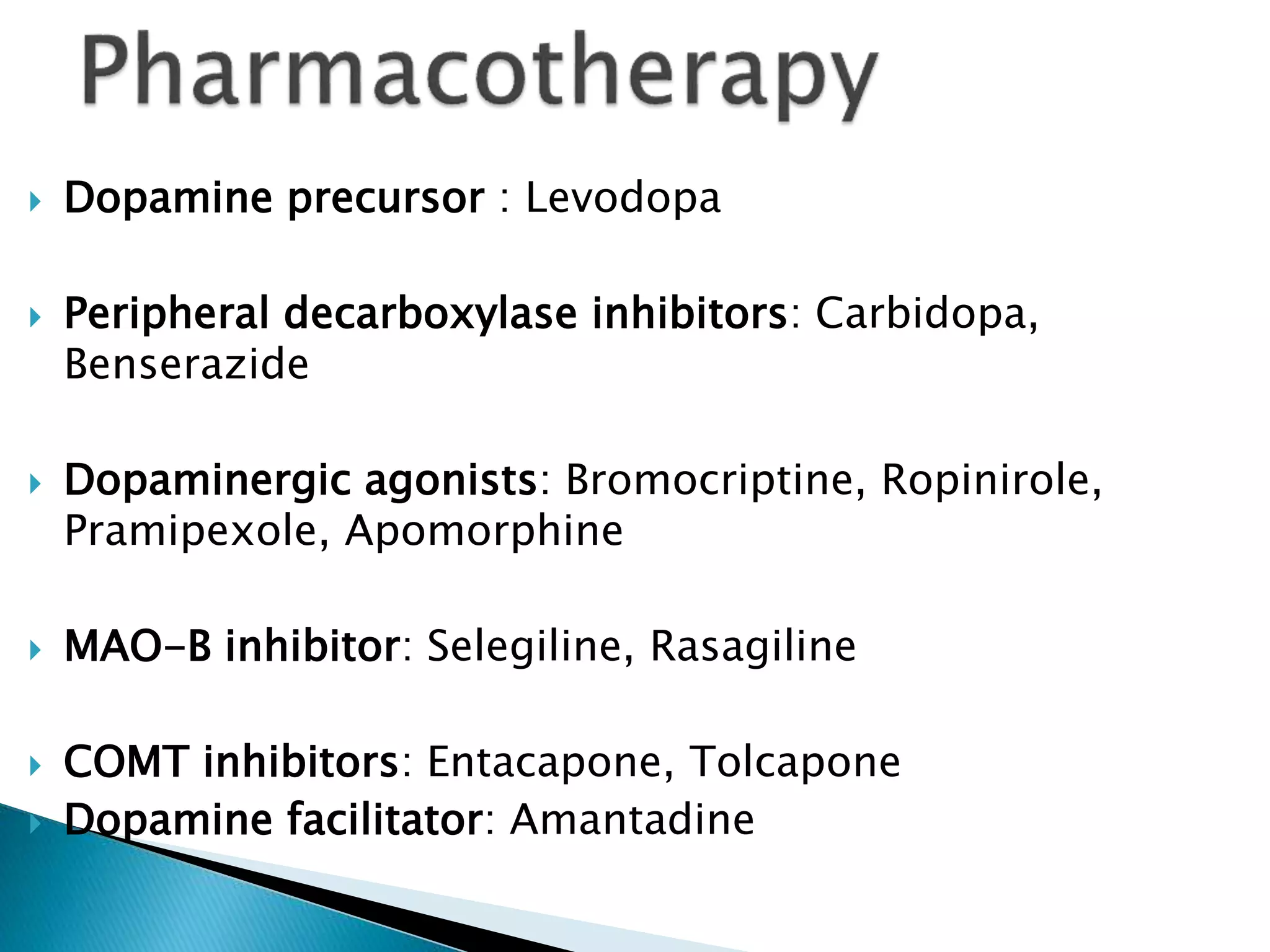 Dopamine, dopaminergic system, parkinson's disease, pharmacotherapy and ...