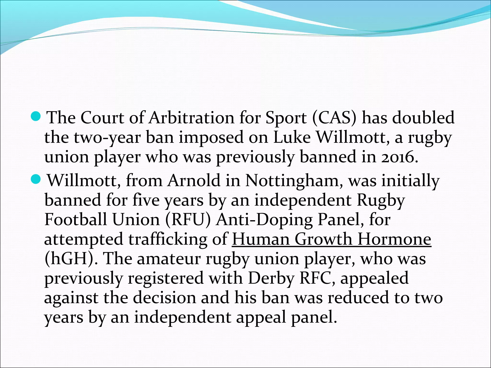 Doping Ban Of Amateur Rugby Union Player Doubled By CAS | PPT