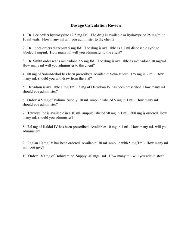 Dosage calculation review1 | DOCX | Pharmaceutical Industry | Industries