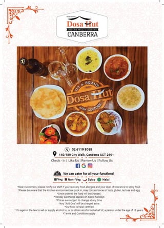 Dosa Hut Canberra Menu - Authentic Indian Cuisine | PDF