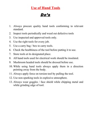 Do's & dont's tool box talk -safety subject wise | DOC