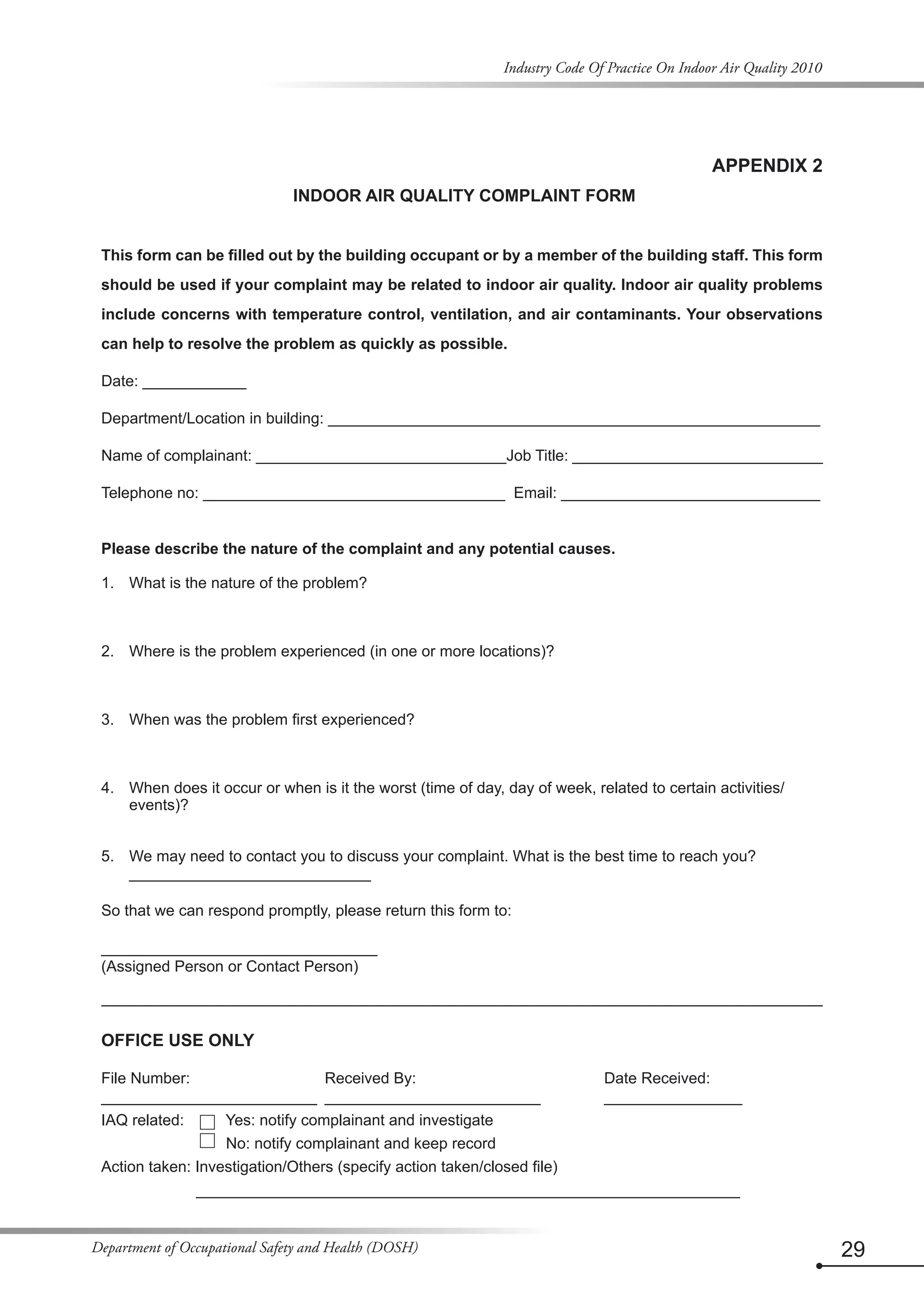 Industry Code of Practice ob Indoor Air Quality 2010 (DOSH MALAYSIA) | PDF