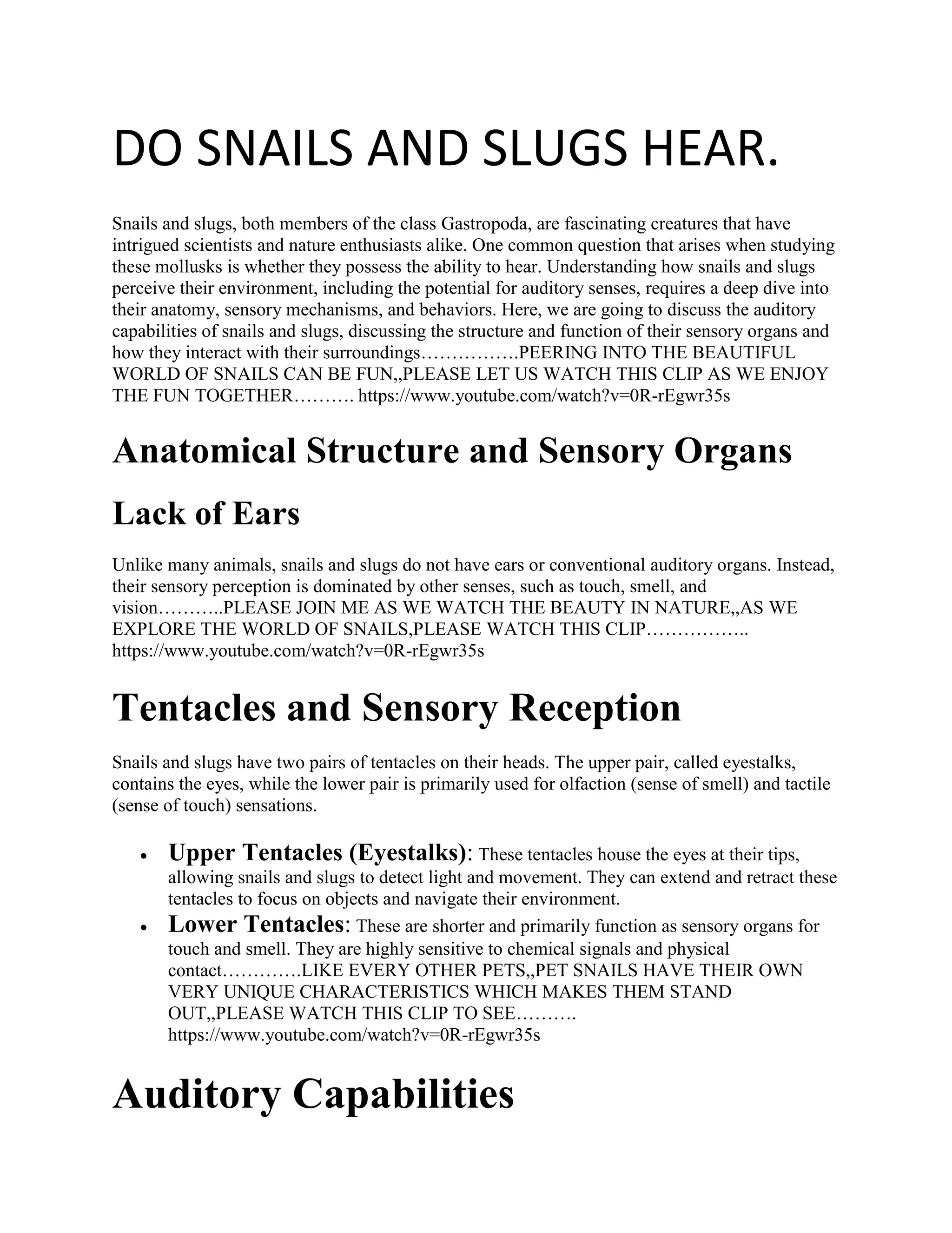 DO SNAILS AND SLUGS HEAR? IF NOT HOW DO THEY HEAR. | DOCX