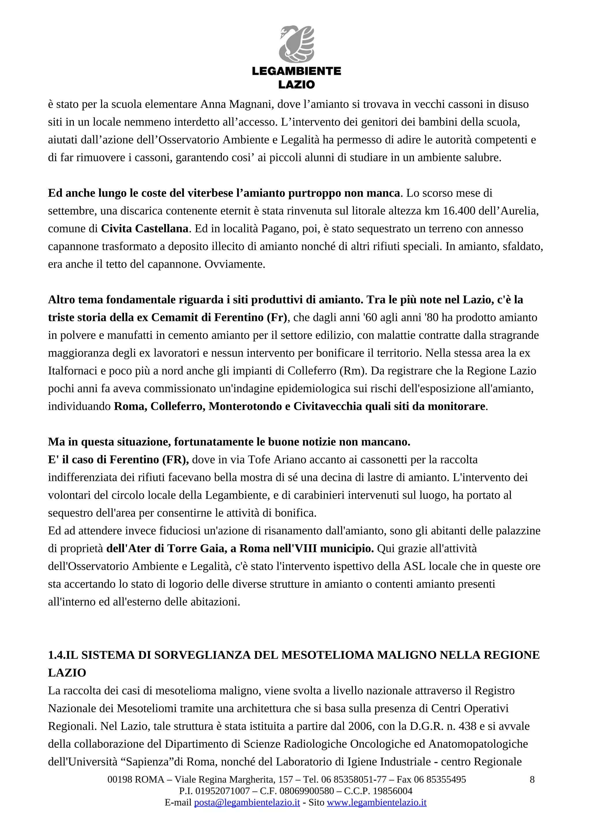 Amianto - Il caso amianto nella Regione Lazio | PDF